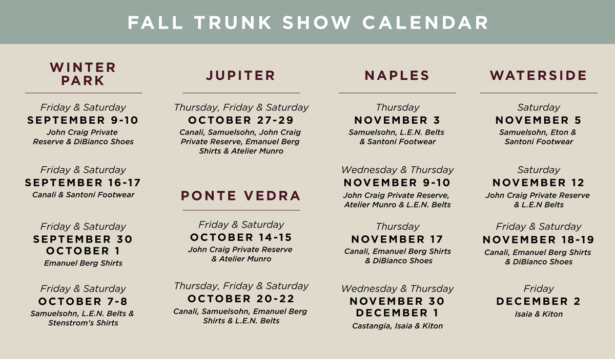 Fall 2022 Trunk Show Schedule – John Craig